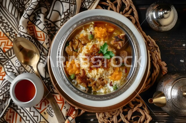 A dish of traditional groats food with onions and cooked meat, the arts ...