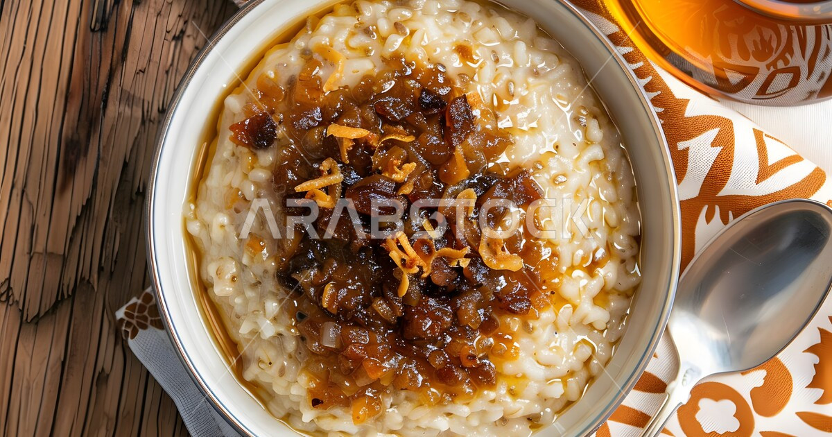 Popular Saudi Arabian Gulf dishes, a dish of creamy groats decorated ...