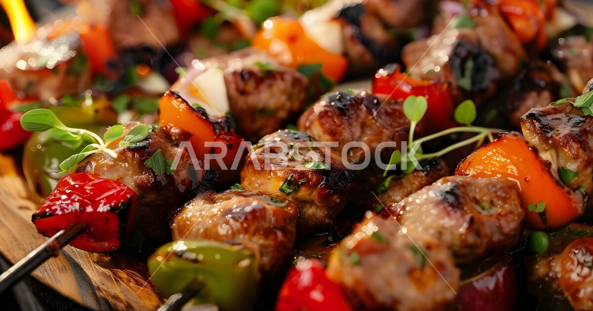 Fast and healthy meals, a close-up of grilled meat skewers with ...