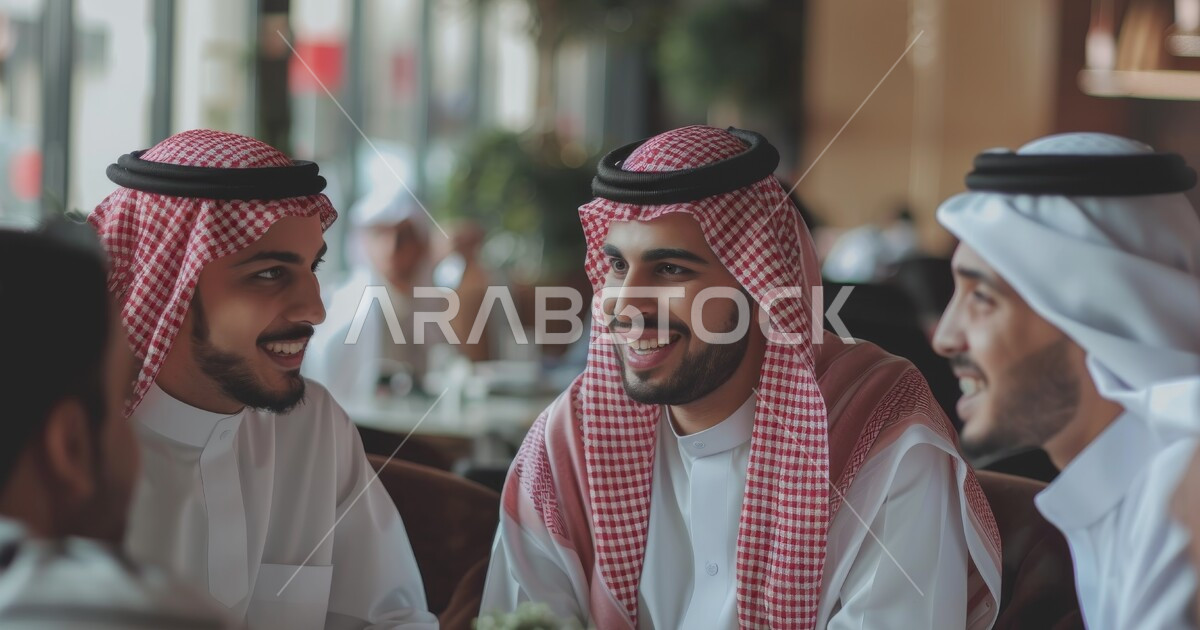 Enjoying spending time with friends, Saudi Gulf Arab friends wearing ...