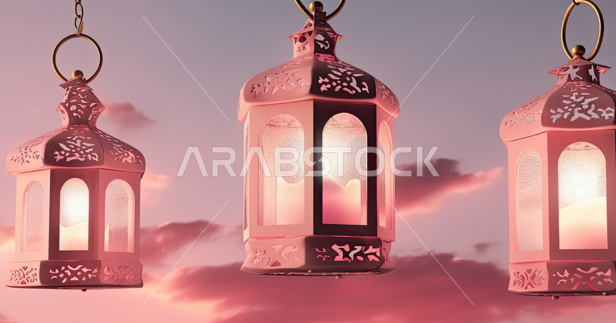 Traditional illuminated metal lanterns hanging in the sky of the ...