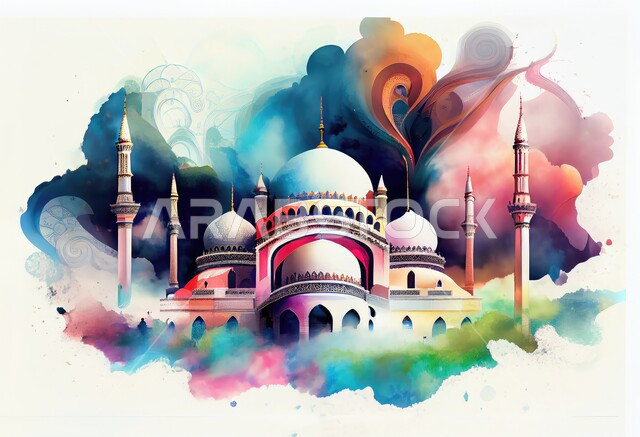 A colored drawing of a mosque with architectural designs and ...