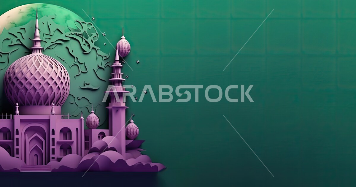 Three-dimensional designs of an Islamic mosque with violet domes and ...