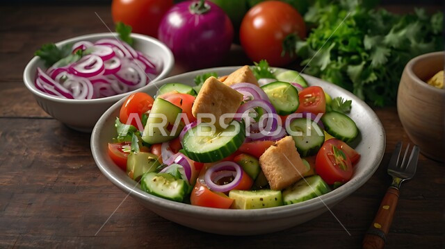 Traditional popular dishes in Saudi Arabia, a plate of fattoush salad ...