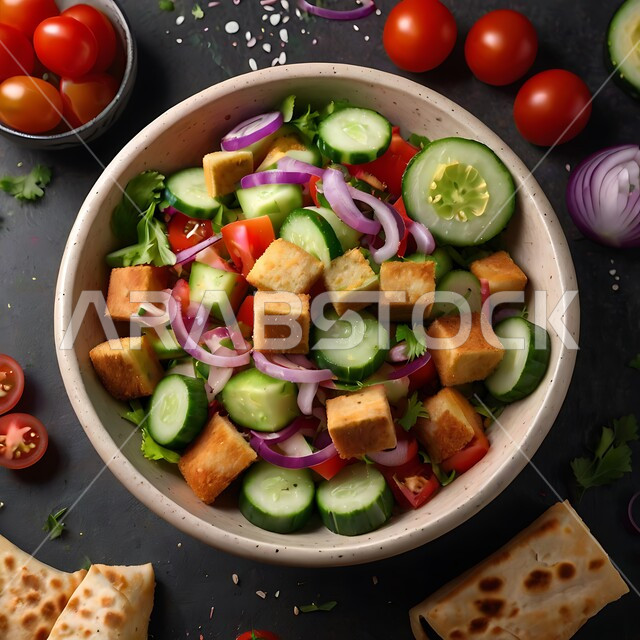 A bowl full of vegetables and toasted bread, traditional popular dishes ...