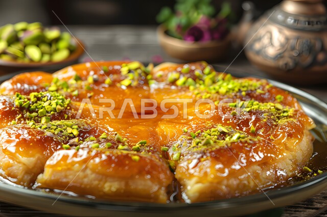 Oriental Arabic sweets, a plate of delicious baklava decorated with ...