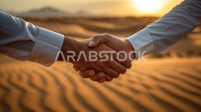 Welcome, peace and reception, a close-up of the hands of two Saudi Gulf ...