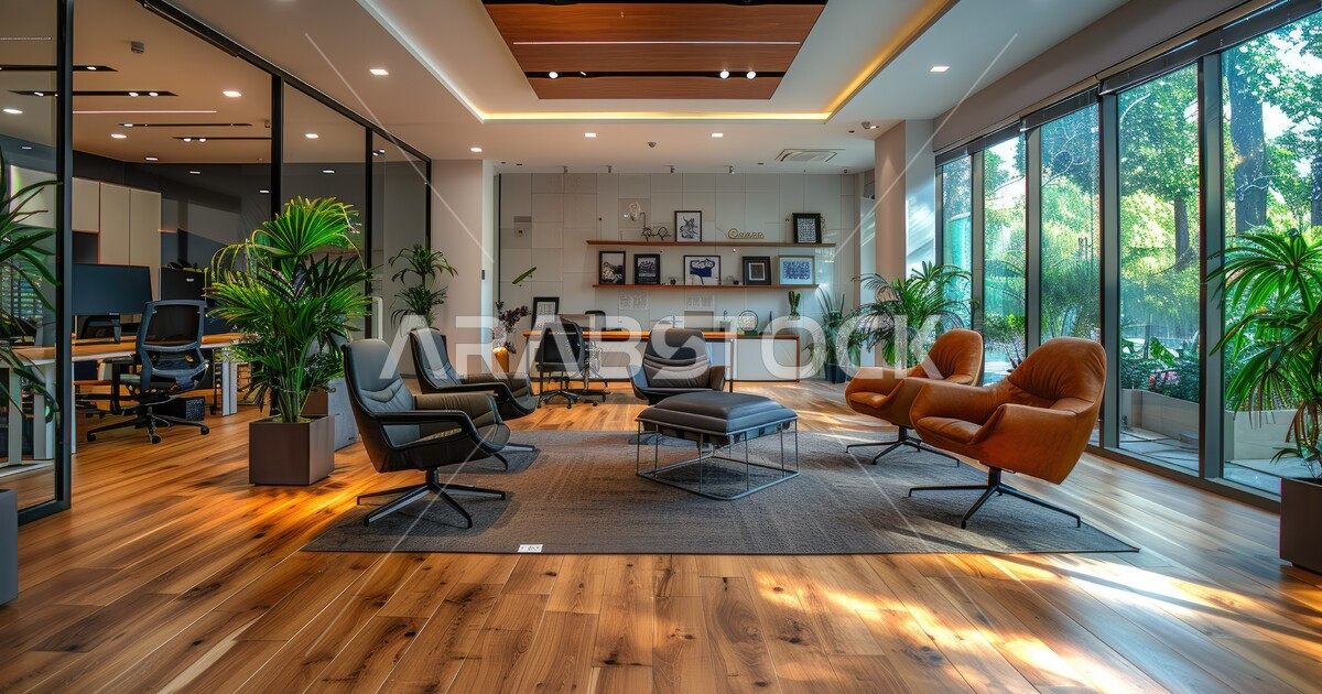 A work desk with a glass facade overlooking nature, classic models and ...