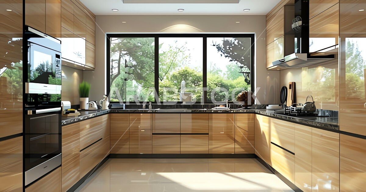 A glass facade overlooking the green nature inside a kitchen with ...
