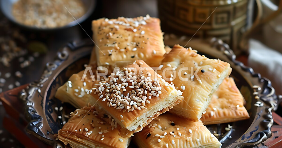 Crispy Al-Aqili tablets sprinkled with sesame and cardamom, distinctive ...
