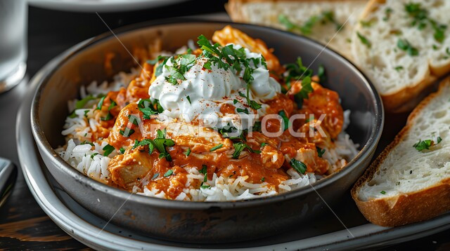 Chicken fattah dish with toasted bread and rice topped with yogurt and ...
