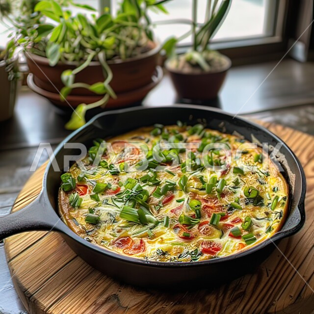 Delicious traditional Arabic food, a close-up of a plate of omelet with ...