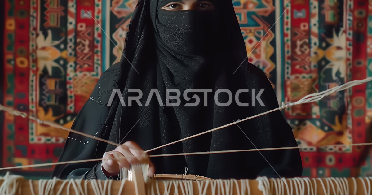 Saudi traditional handicrafts, a Saudi Gulf Arab woman wearing a black ...
