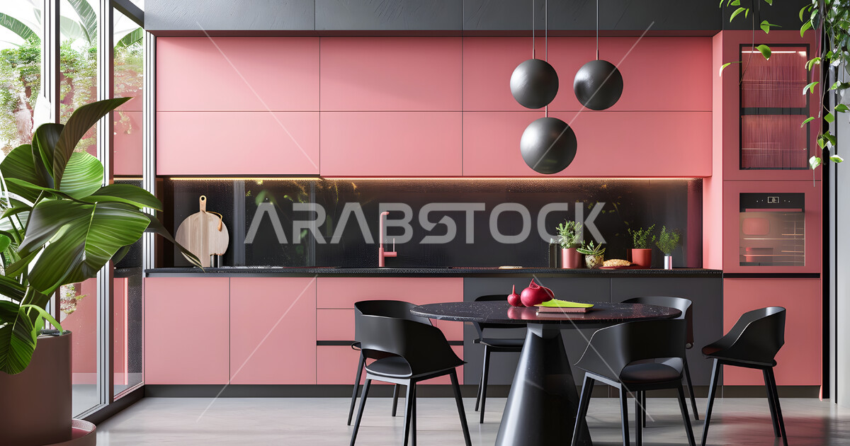 مطبخ بديكورات داخلية عصرية فاخرة باللون الأسود والوردي، فنون الهندسة ...