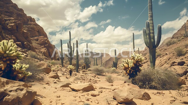 Spiny cactus plants in desert areas and sand dunes in the prairies ...