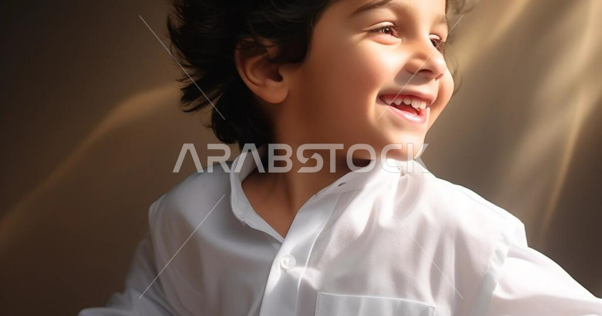 فرحة وبهجة الأطفال بالعيد السعيد، انعكاس أشعة الشمس على وجه الصبي، ايماءات الحماس والسعادة، ولد ...