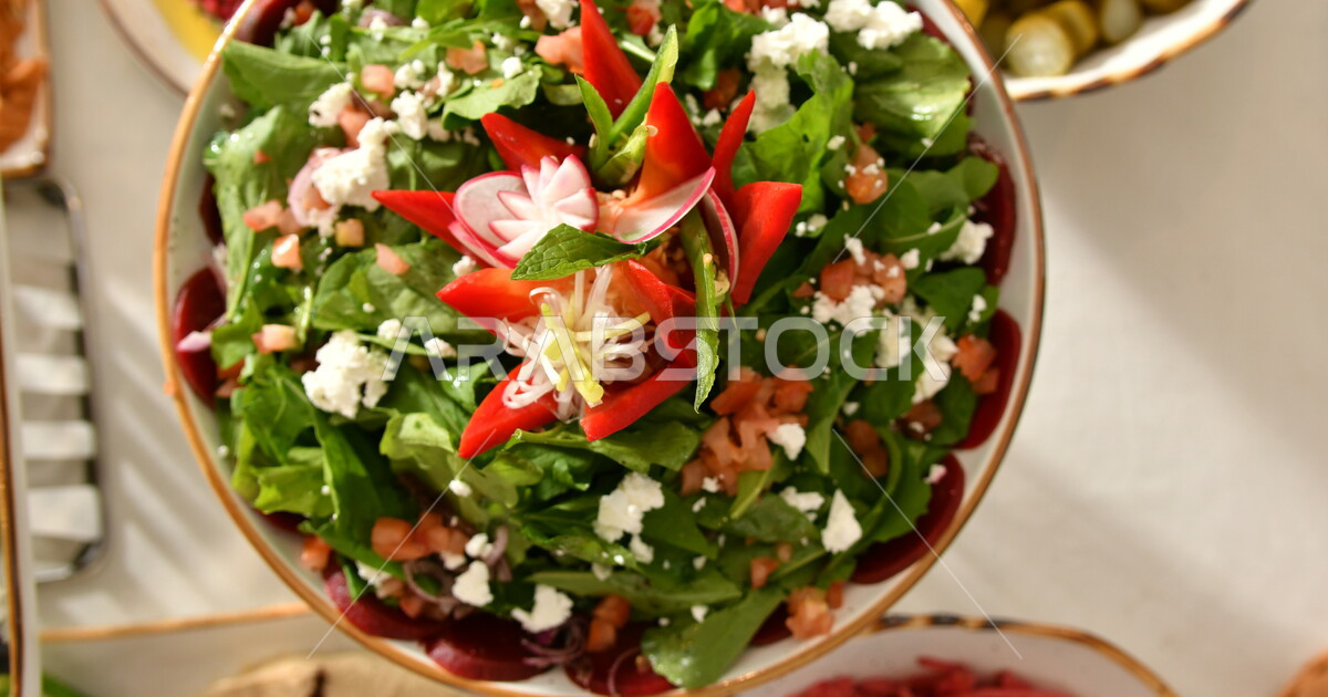 Delicious Arabic appetizer dishes, a vertical photo from above of a ...