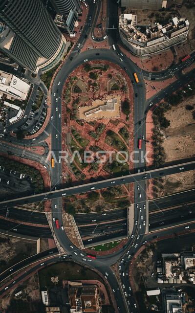 Congestion of main streets and roads, architectural art of towers and ...