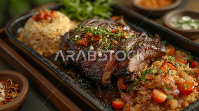 Healthy meats rich in proteins, a dish of grilled lamb with rice, the ...