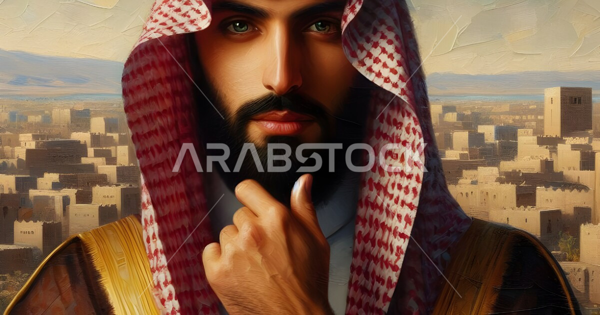 An artistic painting in oils of a Saudi Gulf Arab man wearing a shemagh ...