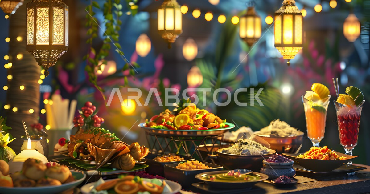 Ramadan dining and breakfast, streets and roads decorated with lights ...