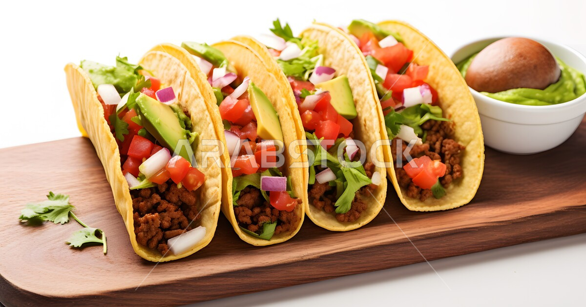 Taco sandwich with meat and fresh vegetables on a wooden plate, fast ...