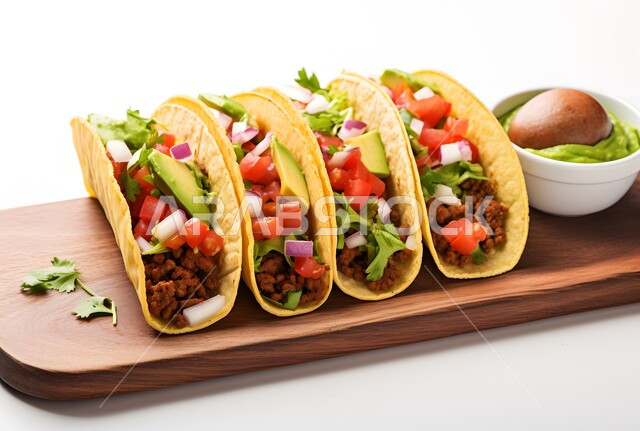 Taco sandwich with meat and fresh vegetables on a wooden plate, fast ...
