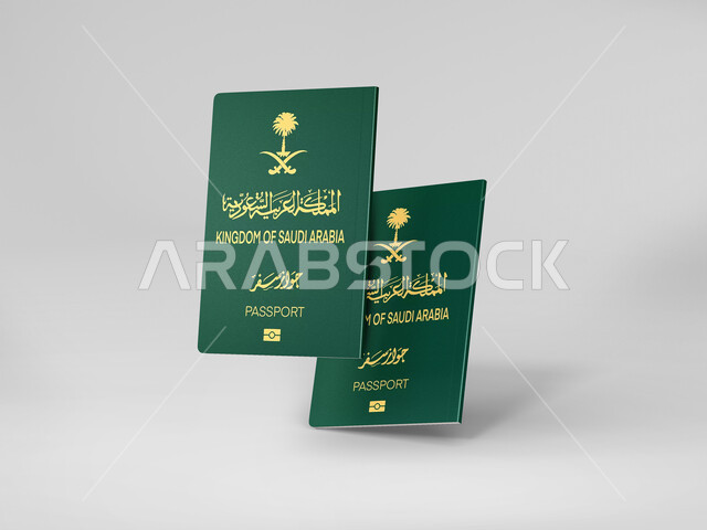 Two international entry and exit visas, green Saudi Arabia passport ...