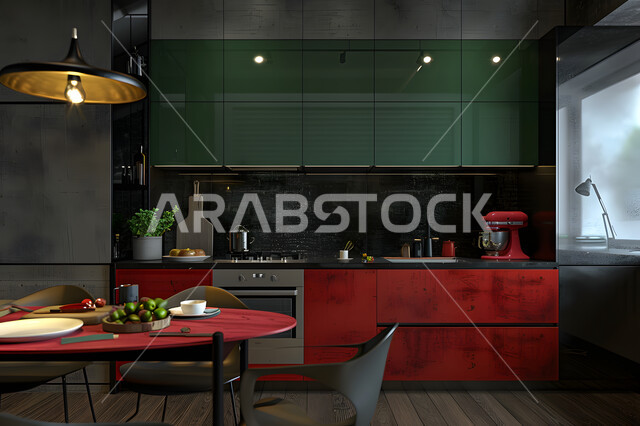 Red dining table surrounded by chairs, modern kitchen designs in luxury ...