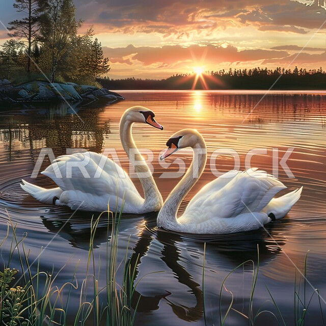Two swans swimming over the lake at sunrise, wildlife animals in the ...