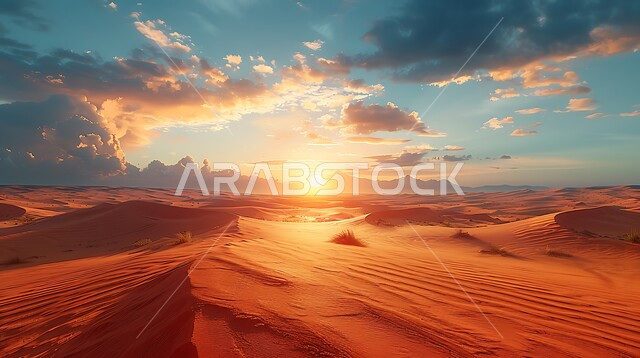 Dry and harsh desert climate, sand hills and dunes, sky full of clouds ...