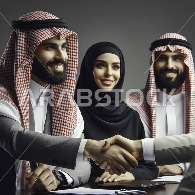 A group of Saudi Gulf Arab employees in a meeting inside the company’s ...
