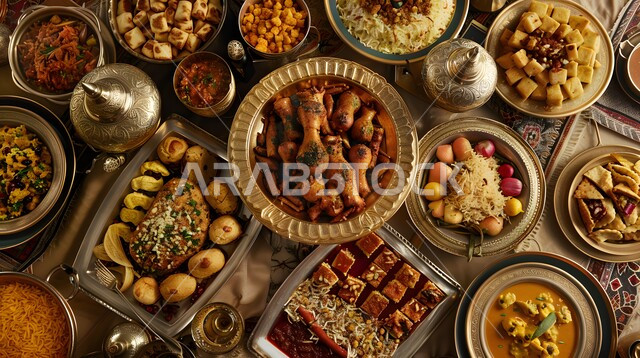 A feast with Eastern Arab food and appetizers, a dining table full of ...