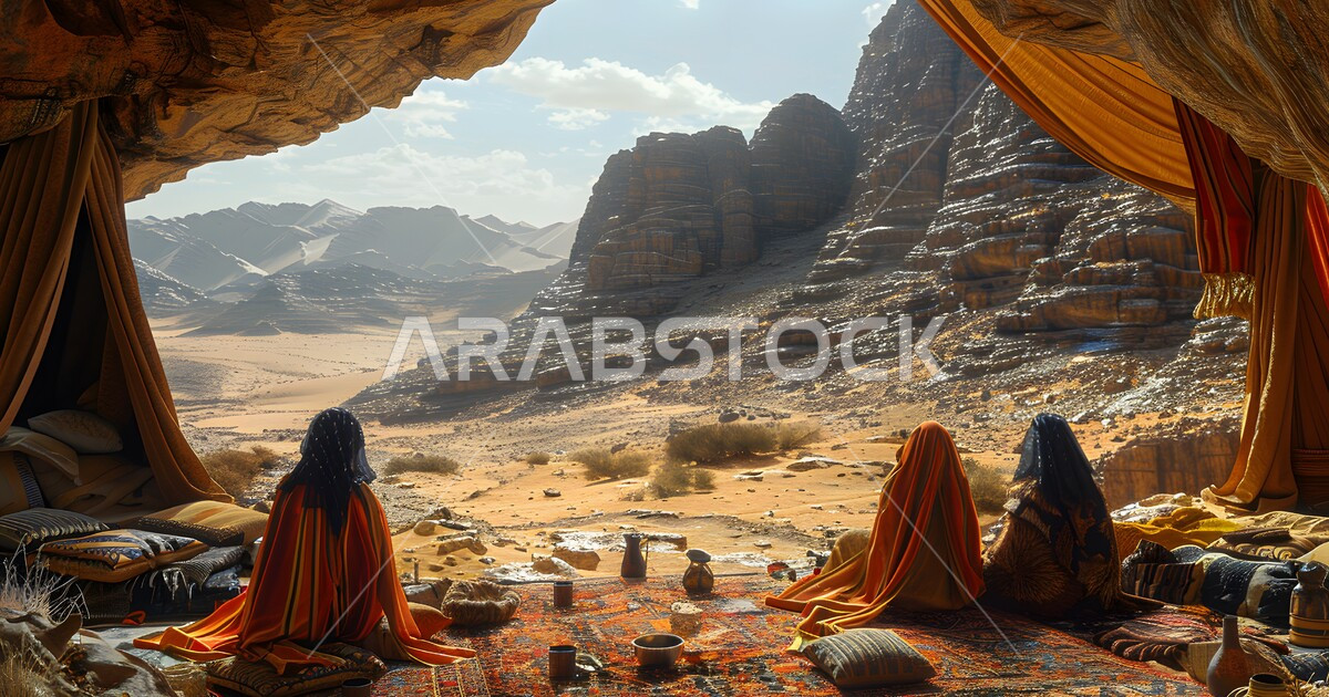 Camping places in the desert of the Kingdom of Saudi Arabia, hills and ...