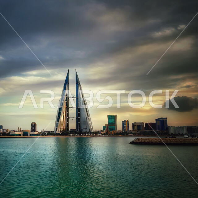 Bahrain World Trade Center (MODA Mall) overlooking the coast of the ...