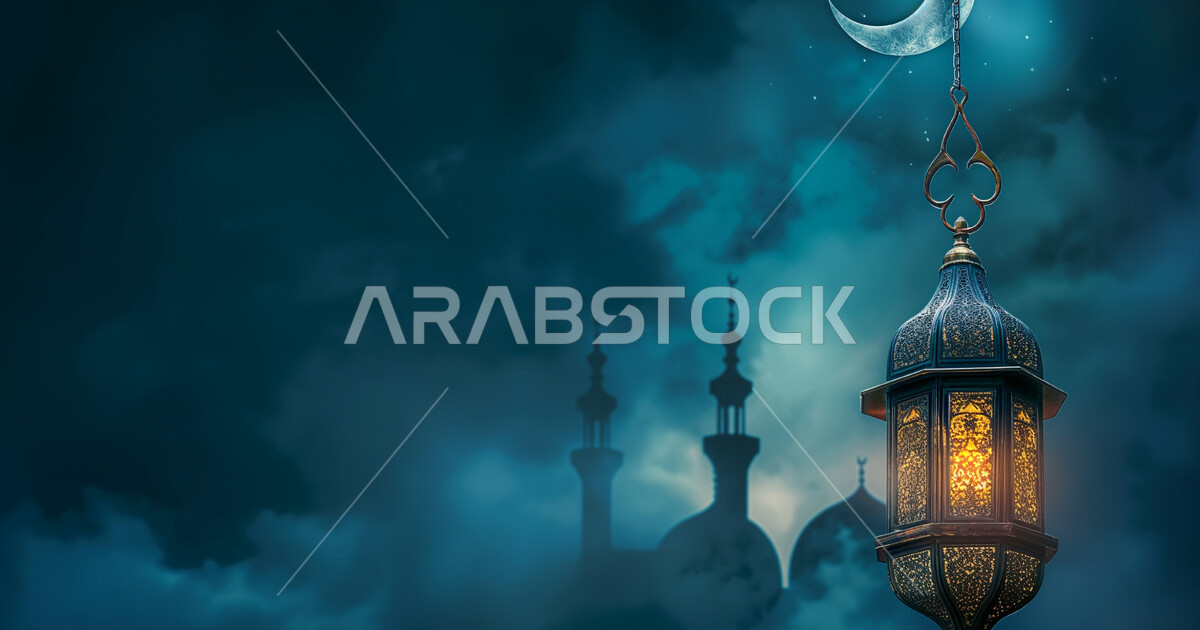 A luminous decorative metal Arabic lantern hanging in the misty sky ...
