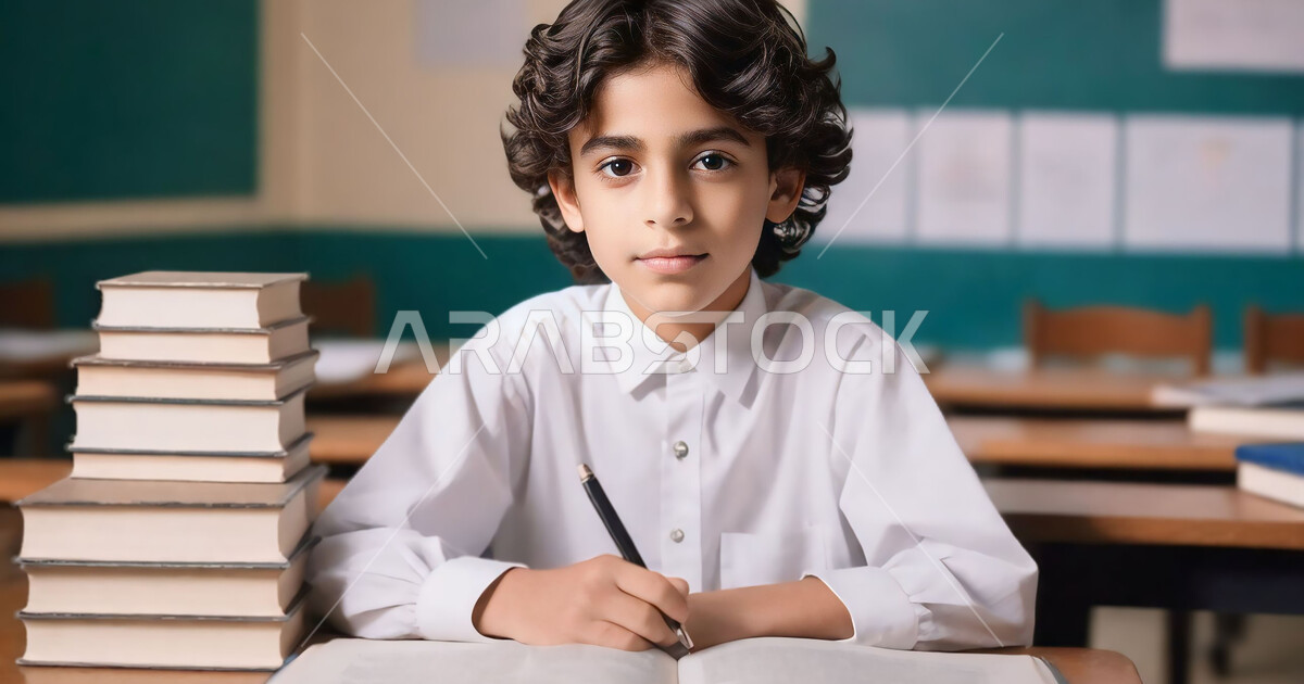 تلقي المعلومات داخل الفصل الدراسي، طالب عربي خليجي سعودي يرتدي الثوب التقليدي يجلس على المقعد ...