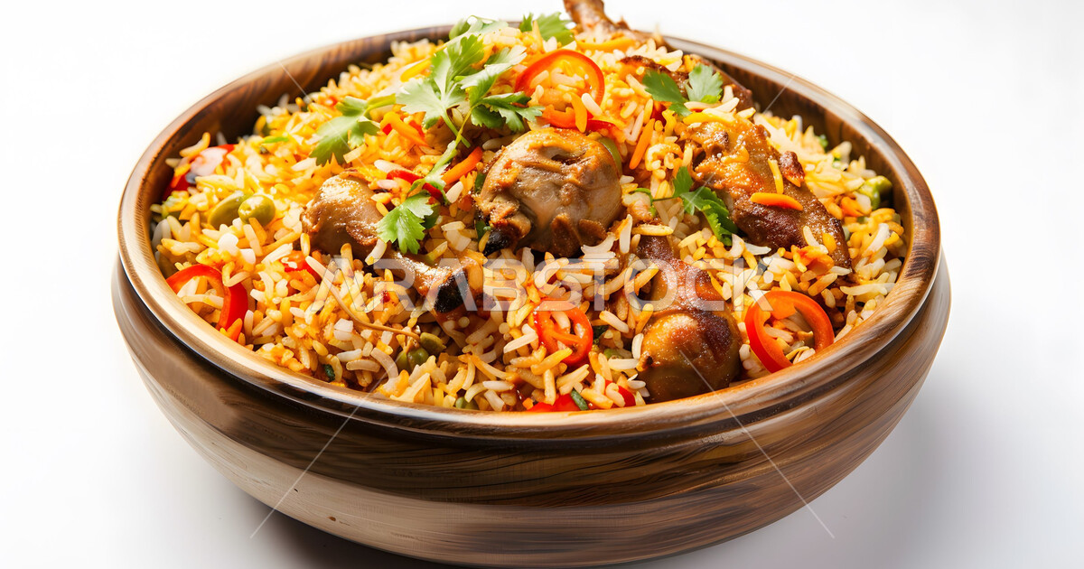 Traditional Saudi Arabian food and dishes, a plate of mandi rice with ...