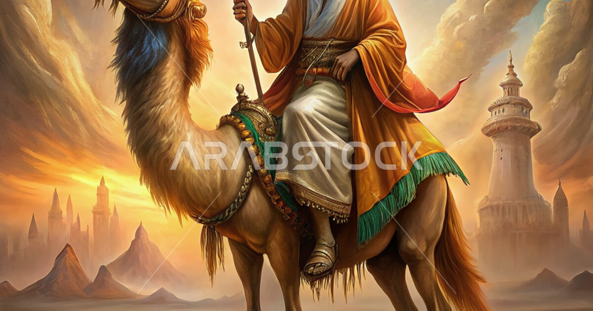 رسوم توضيحيه ثلاثية الابعاد لرجل عربي من العصور التاريخيه القديمه يمتطي ...