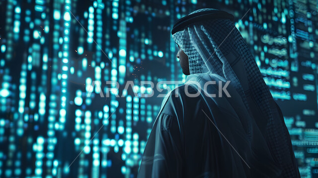 Global electronic communication through computers, a Saudi Gulf Arab man wearing a Saudi thobe ...