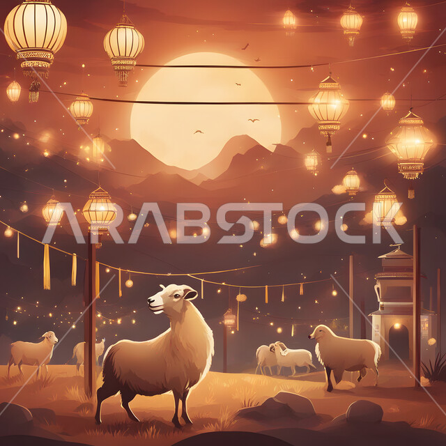 Eid al-Adha sacrifice and offering, 3D illustrations of a group of ...