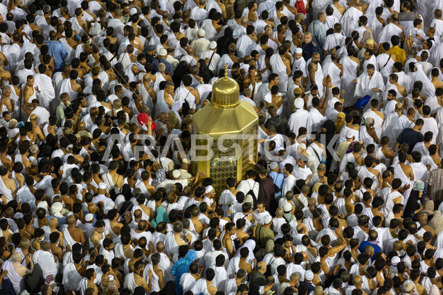 Circumambulation around the Holy Kaaba in Mecca, gathering of pilgrims ...