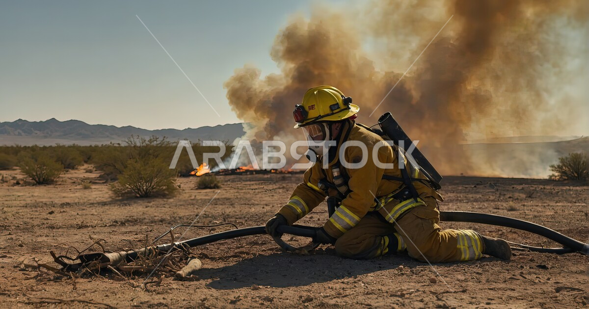 A close-up photo of a firefighter wearing a fire-resistant uniform ...