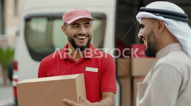Express delivery services, a Saudi Arabian Gulf man wearing a ...