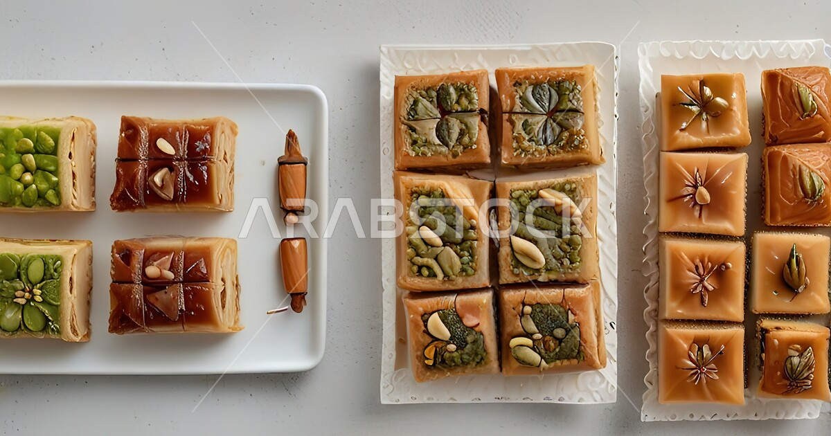 Dishes of oriental Arab sweets, Saudi desserts with pistachios and nuts ...