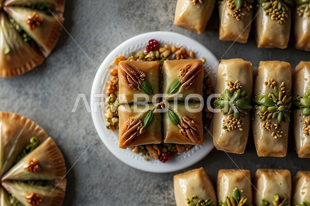 Foods rich in sugars and calories, dishes of oriental Arabic sweets ...