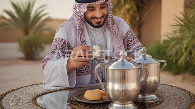 A plate of maamoul tablets stuffed with dates, Arabic coffee dallah ...