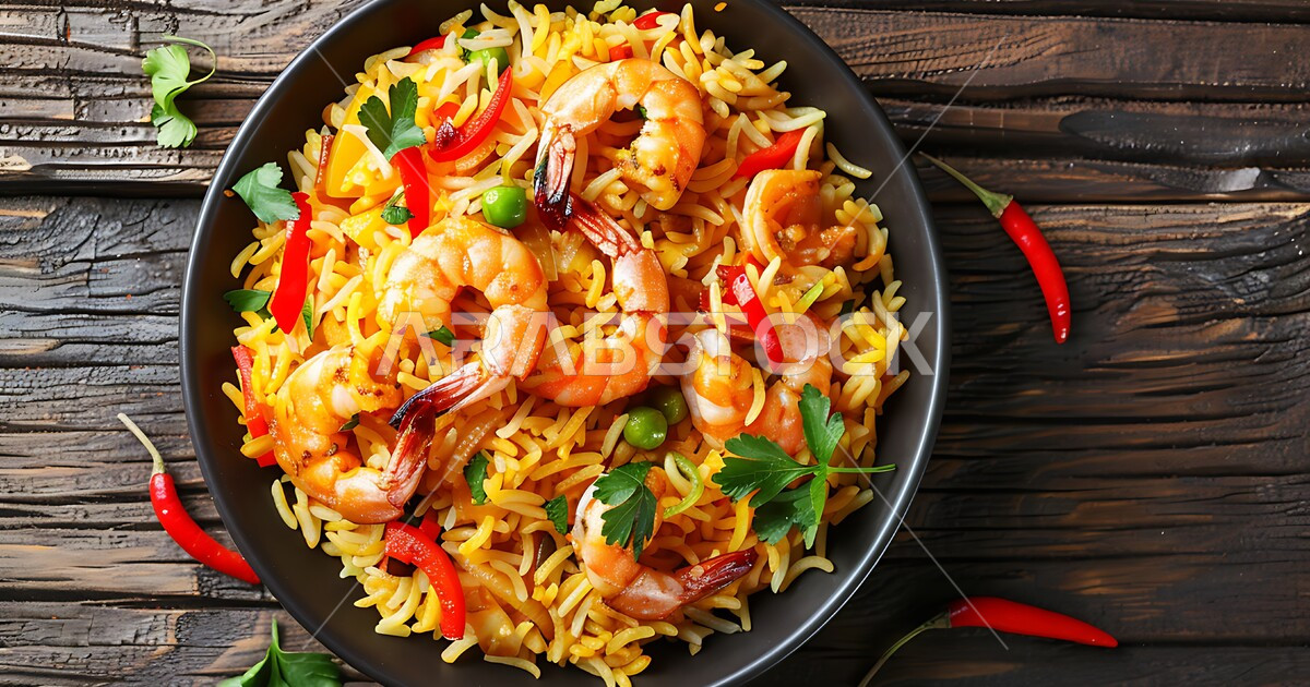 Creams of shrimps and delicious vegetables, a dish of shrimp rice ...