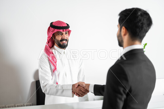 Shaking hands, greetings with expressions of pleasure, a close-up of a ...