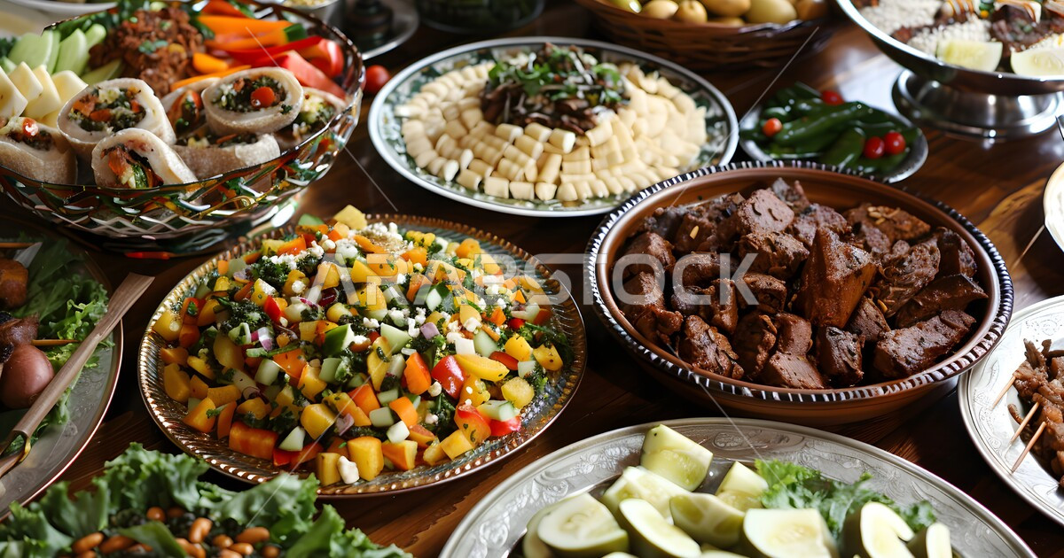 Delicious oriental Arabic items, dishes and appetizers, a dining table ...